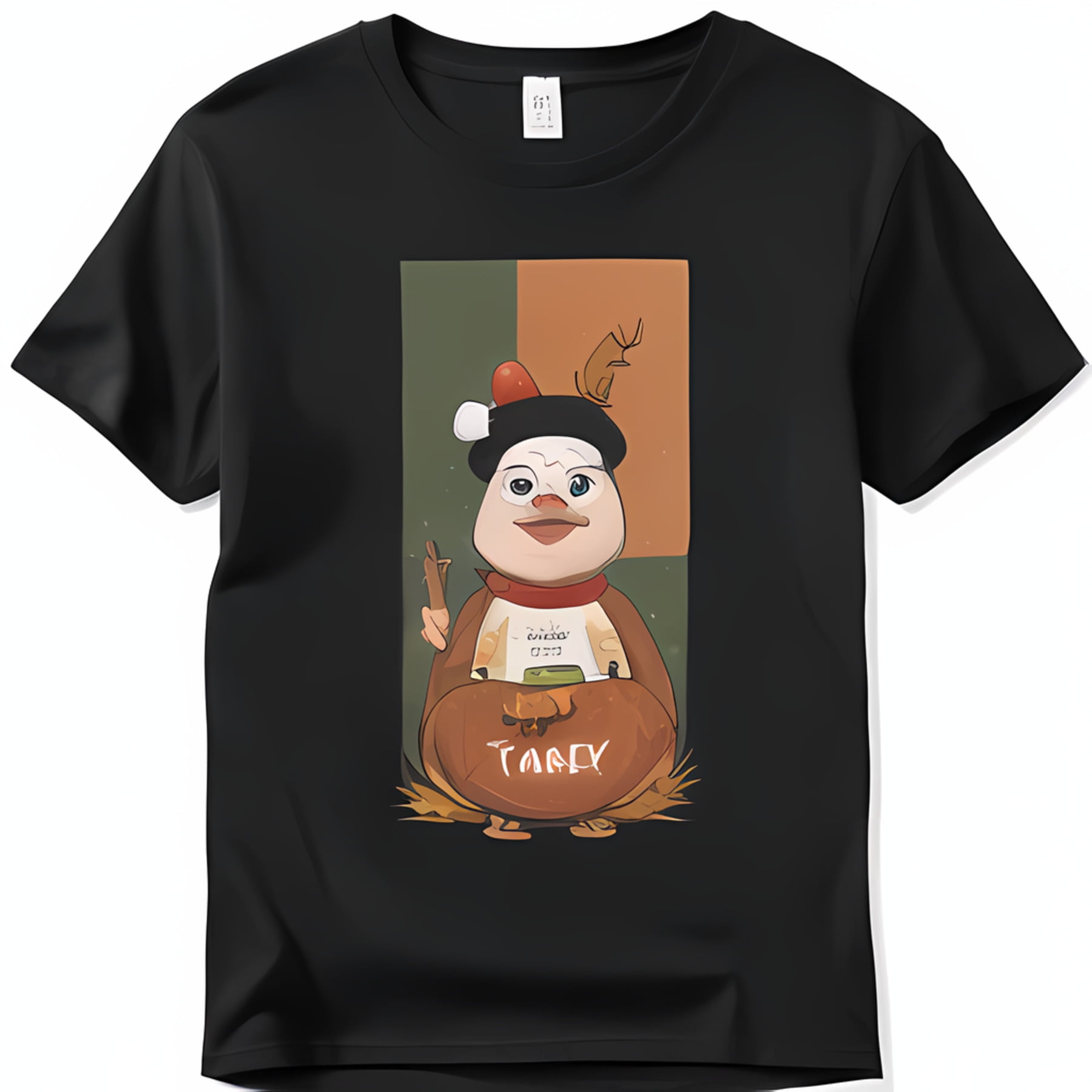 Adorable Turkey from with Hat and 'Tver' Hand Bag Design on Vibrant Black T-Shirt Cute and ...