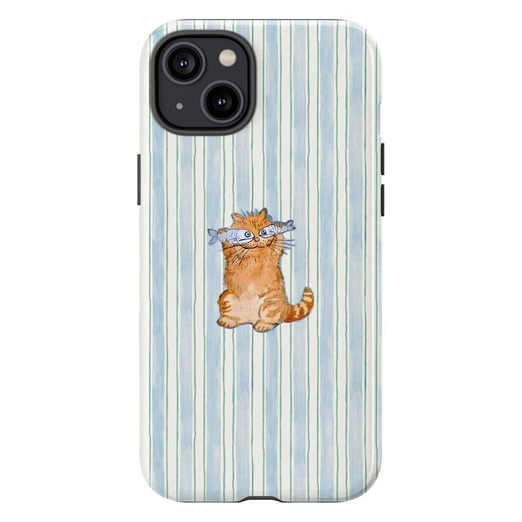 Adorable Watercolor Cat Phone Case, Blue & White Stripe Foodie Feline ...