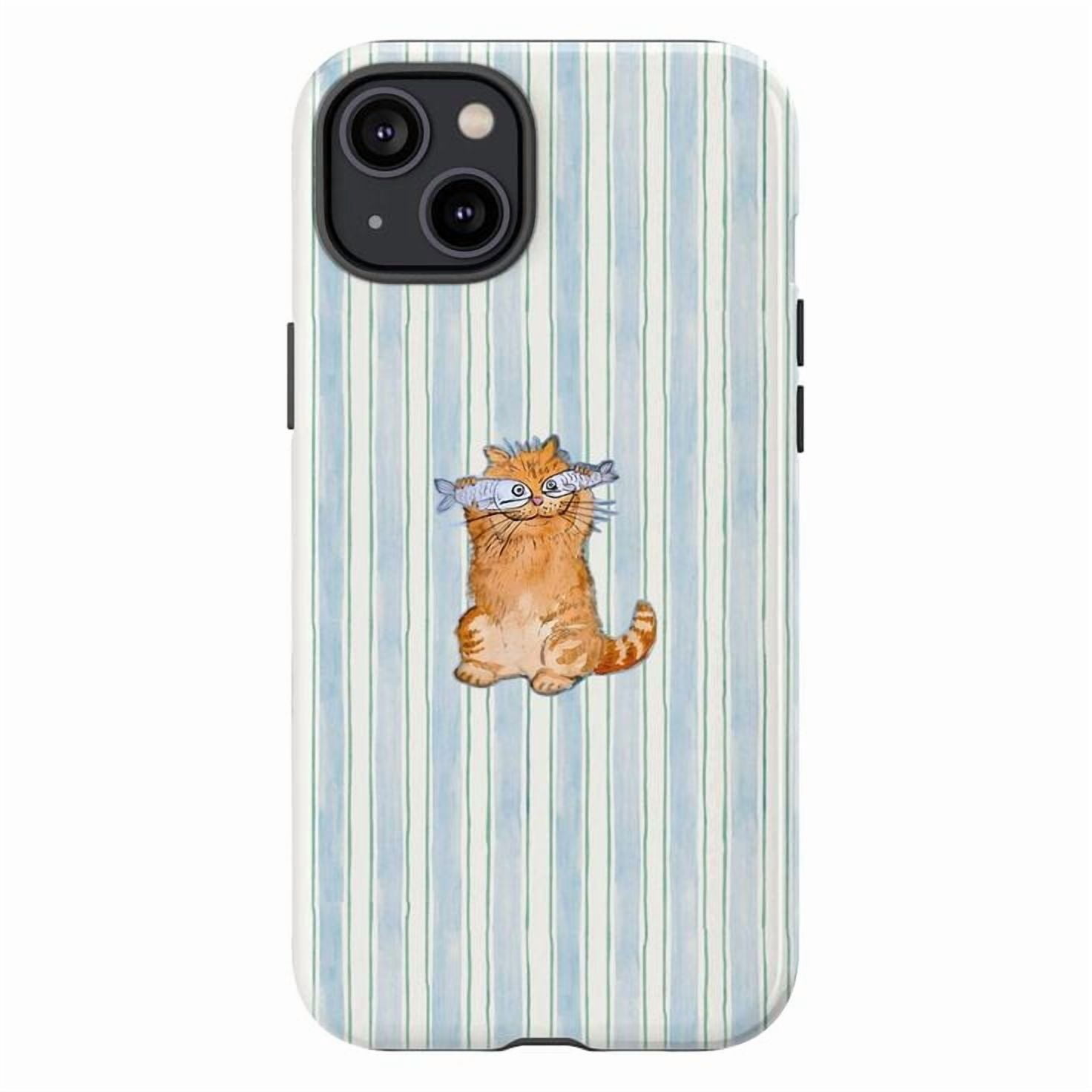 Adorable Watercolor Cat Phone Case, Blue & White Stripe Foodie Feline ...
