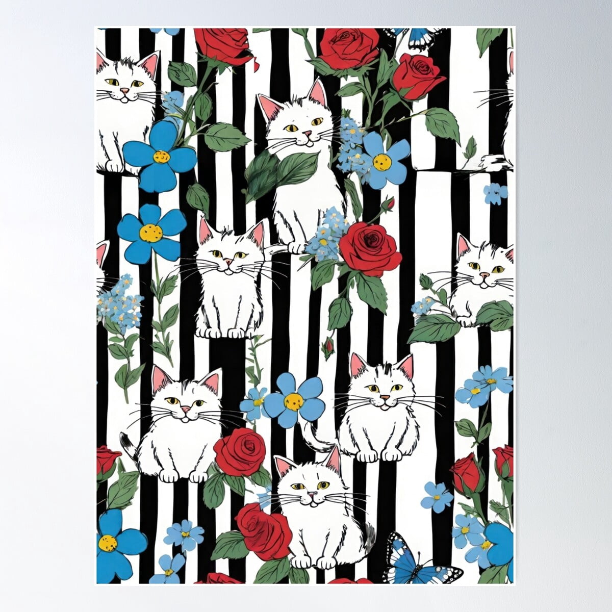Adorable White Cats With Roses, Forget-Me-Nots And Black And White ...