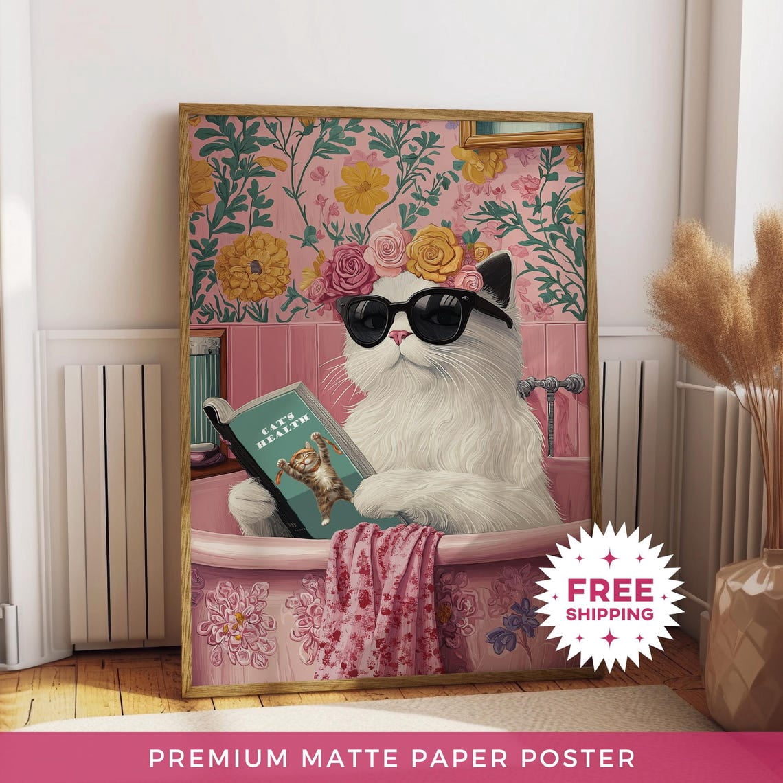Adorable White Kitten Showering Cute Cat Restroom Sign Poster, Unframed ...