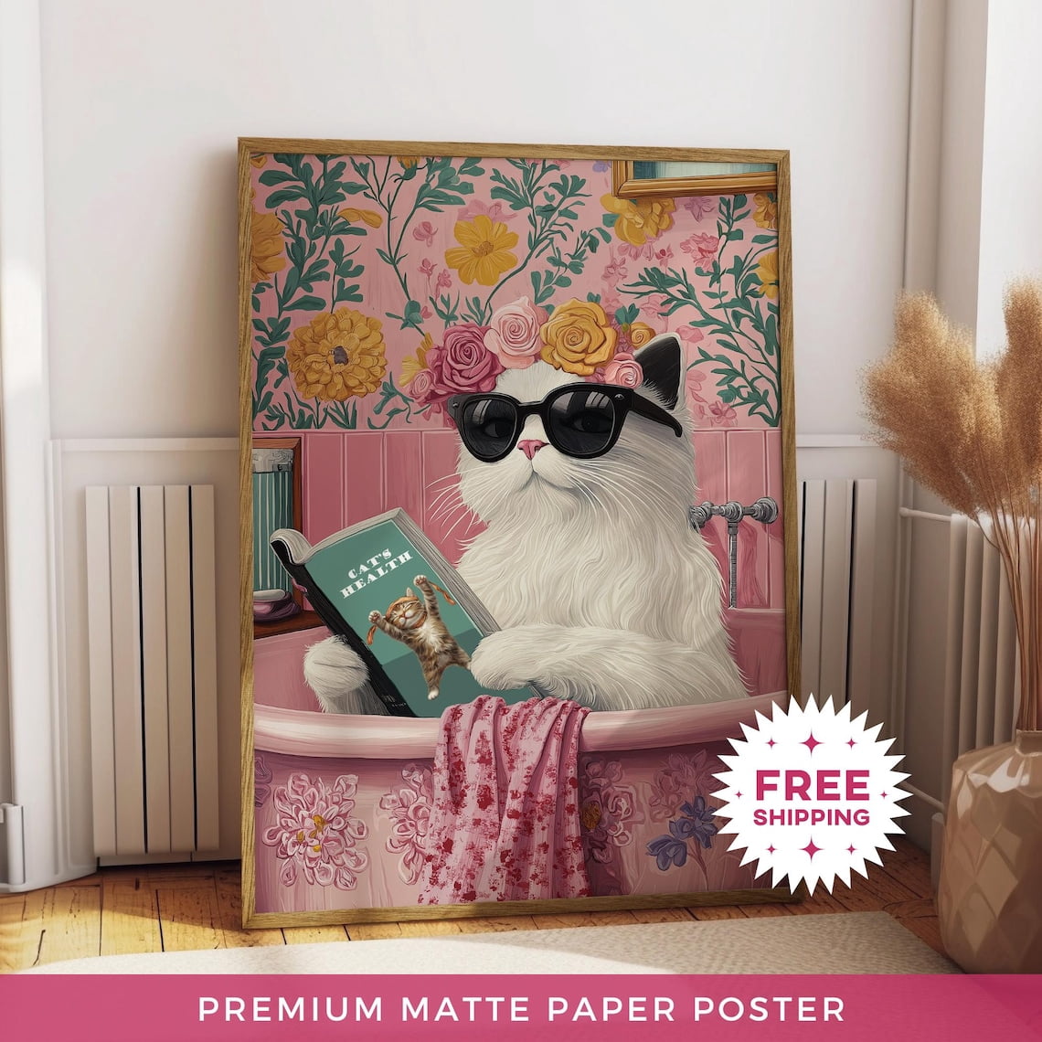 Adorable White Kitten Showering Cute Cat Restroom Sign Poster Unframed ...