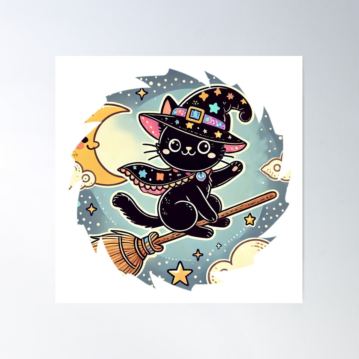 Adorable Witch Cat Flying On Broomstick Poster Wall Art, Modern Wall ...