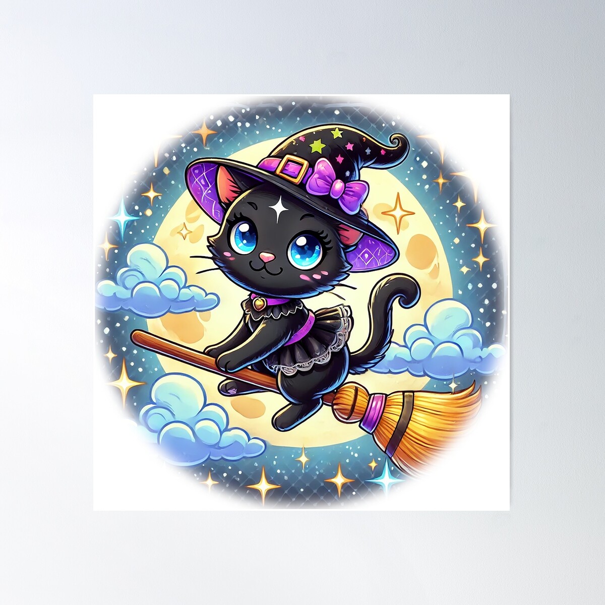 Adorable Witch Cat Flying Under The Moon Poster Wall Art, Modern Wall ...