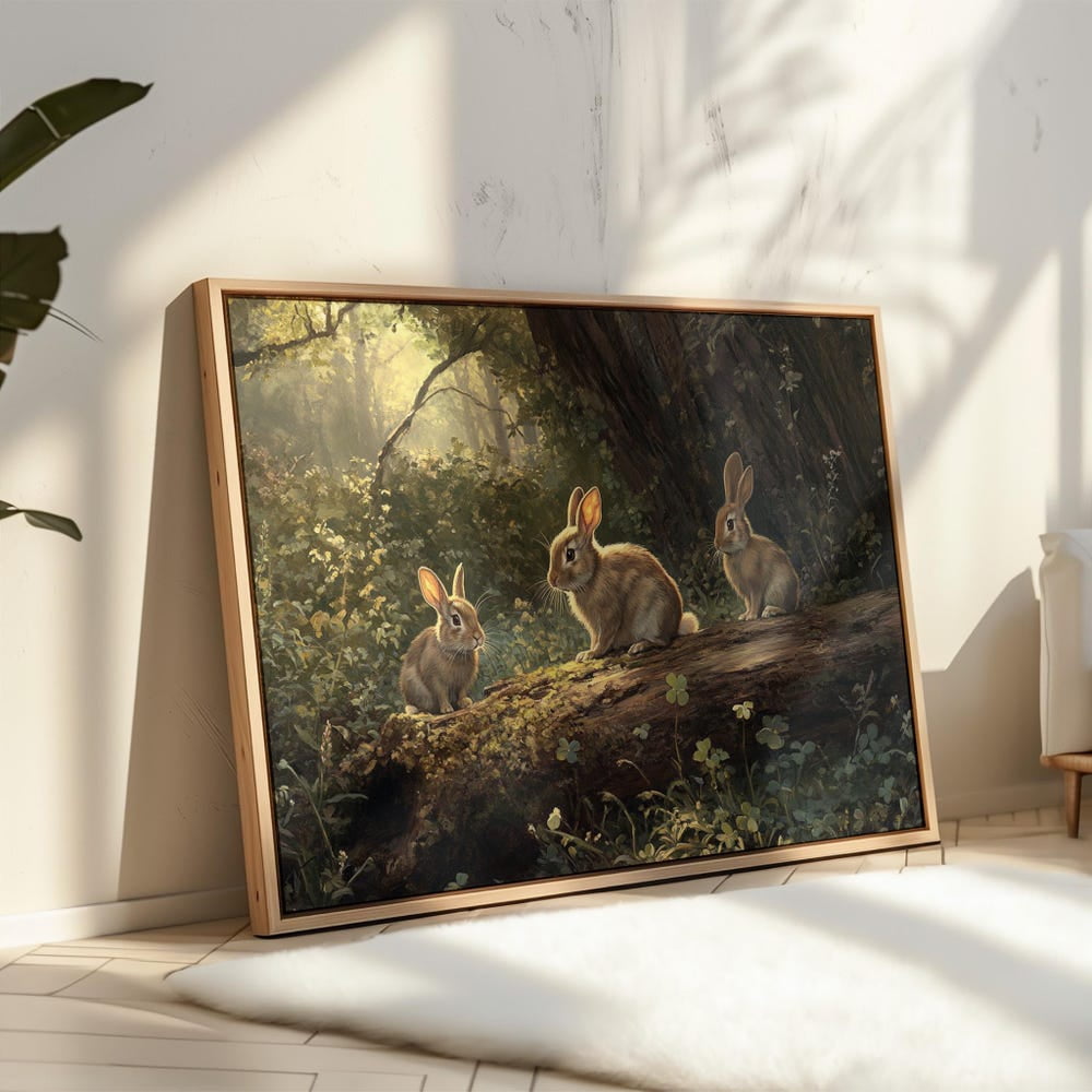 Adorable Woodland Rabbits On Mossy Log Poster Wall Art Rustic Nature ...