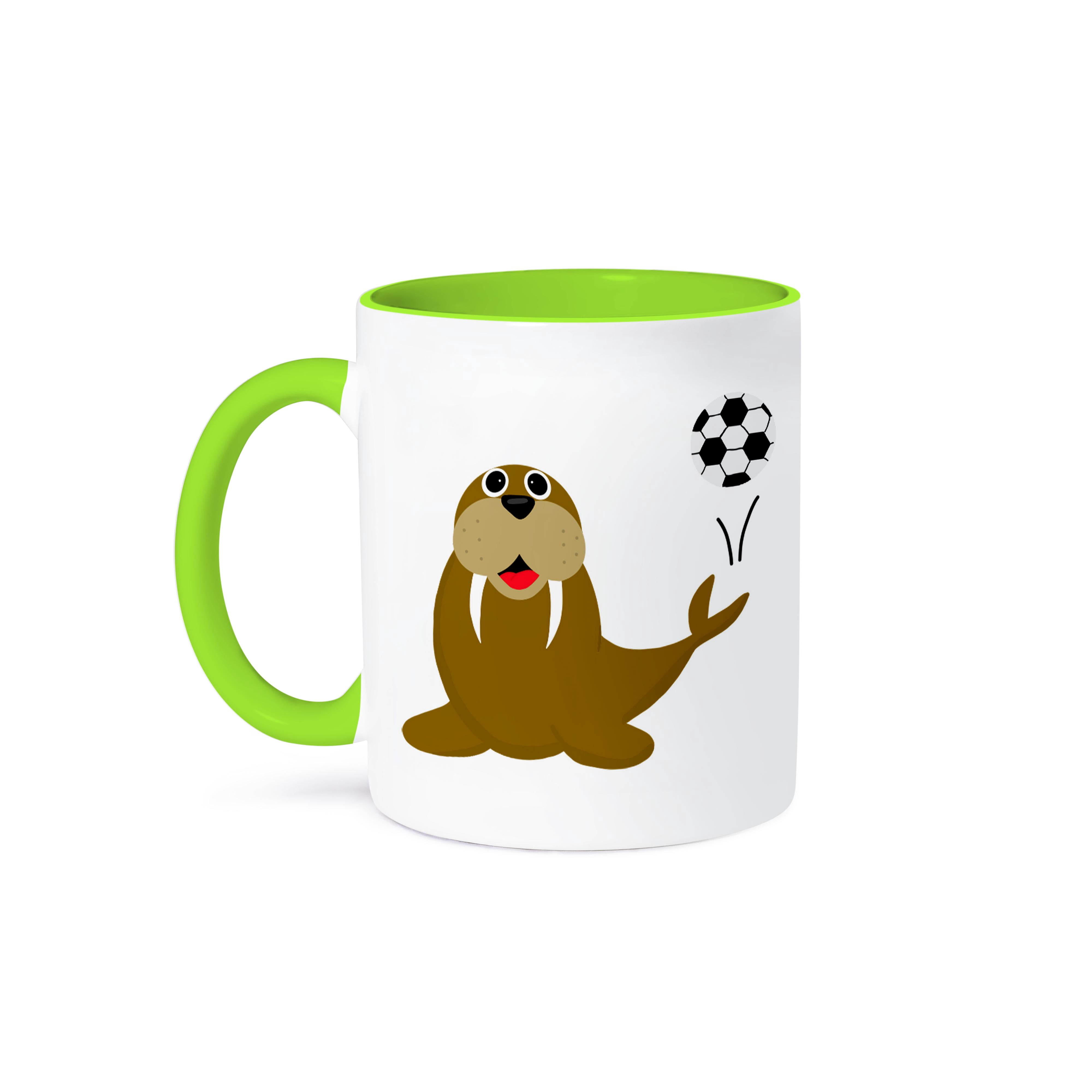 3dRose, Adorable funny walrus playing soccer ball , 11oz Two-Tone Green ...