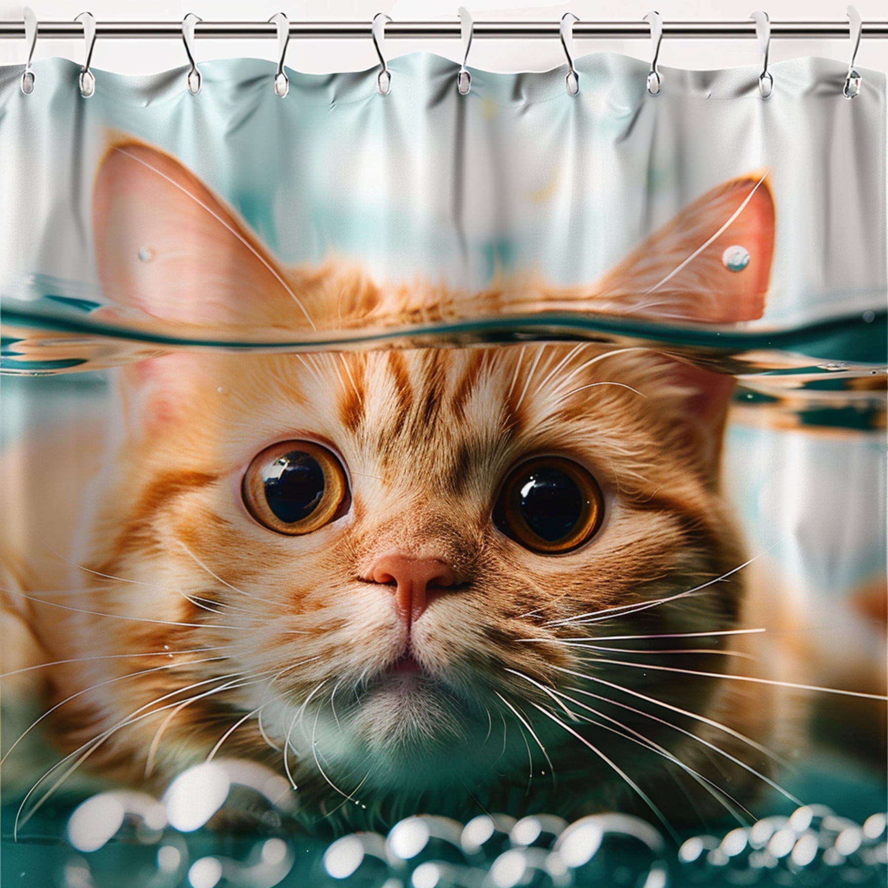 Adorable ginger cat design on white curtains with bubbles and clear ...