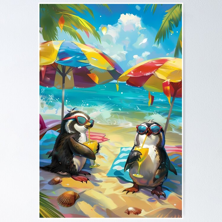Adorable penguins at the beach Poster - KIRA.282, UNFRAMED-16x24 ...