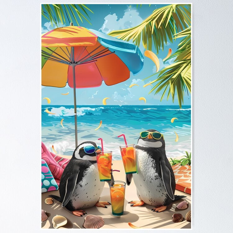 Adorable penguins at the beach Poster - KIRA.283, UNFRAMED-8x12 ...