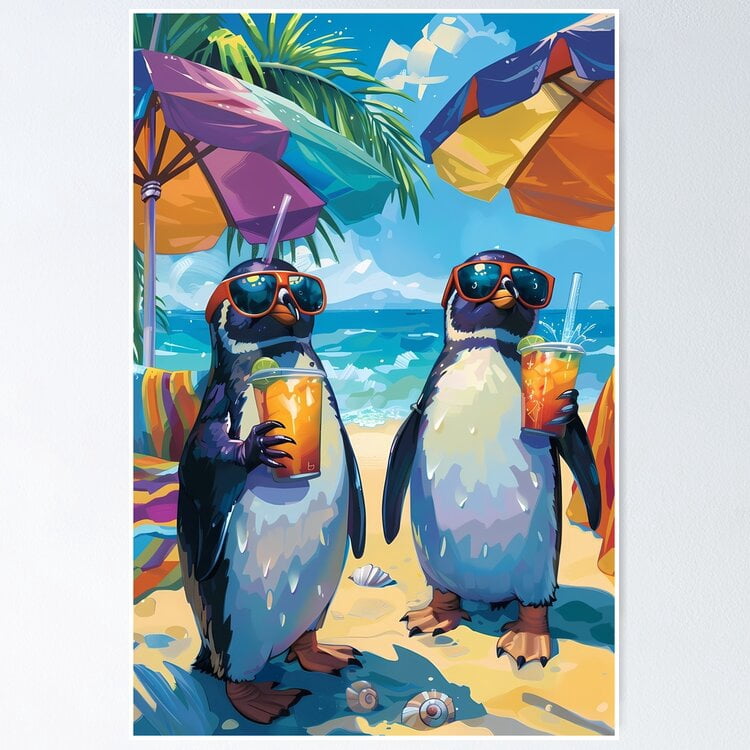 Adorable penguins at the beach Poster - KIRA.285, UNFRAMED-24x36 ...