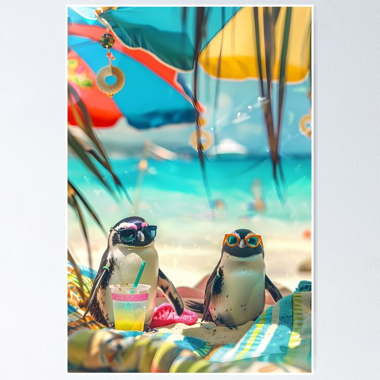 Adorable penguins at the beach Poster - KIRA.289, UNFRAMED-8x12 ...
