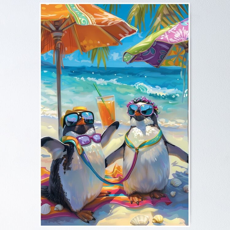 Adorable penguins at the beach Poster - KIRA.290, UNFRAMED-16x24 ...