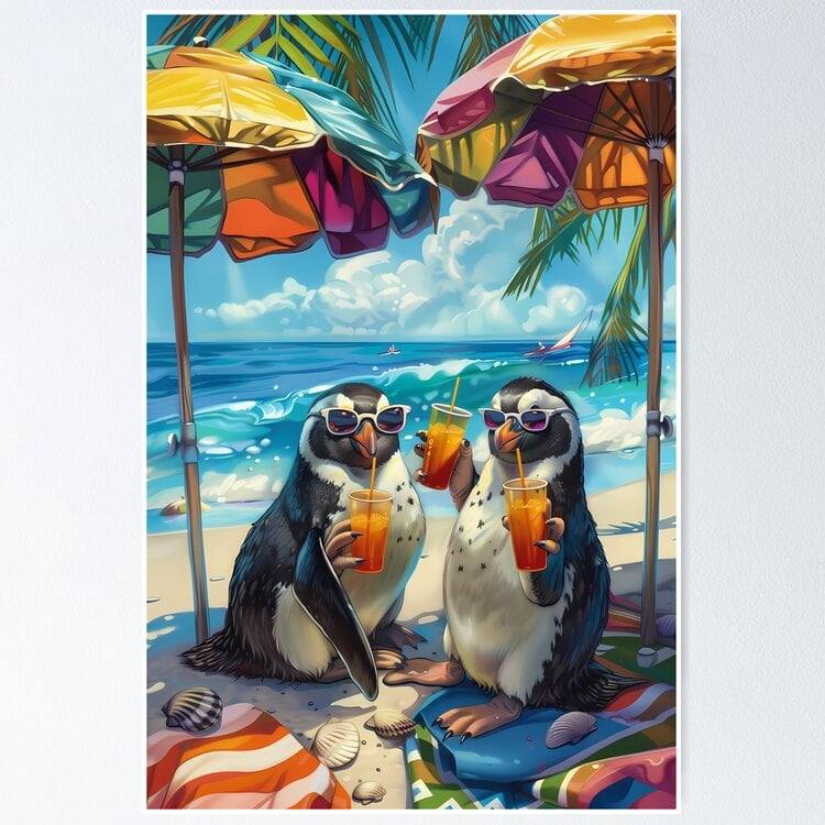 Adorable penguins at the beach Poster - KIRA.291, UNFRAMED-12x18 ...