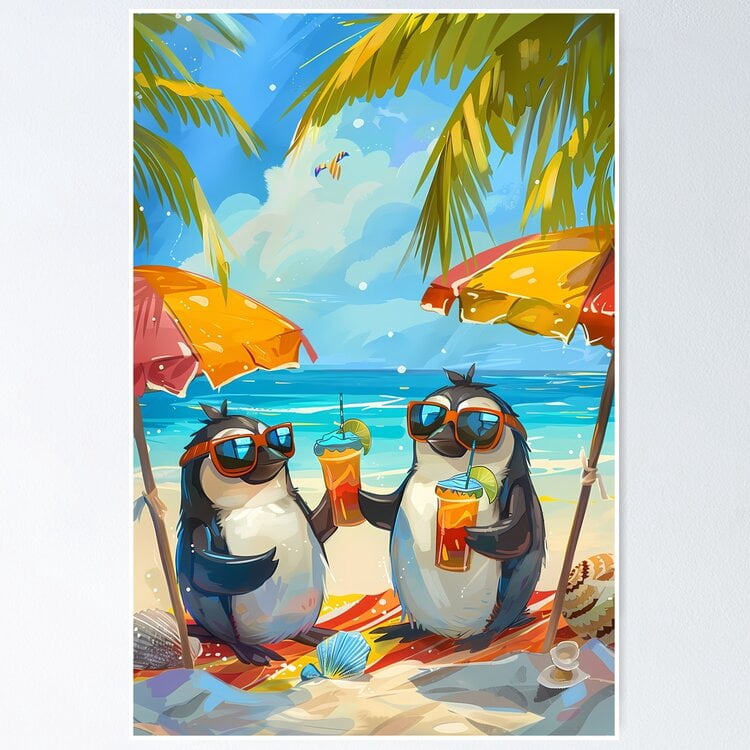 Adorable penguins at the beach Poster - KIRA.292, UNFRAMED-8x12 ...