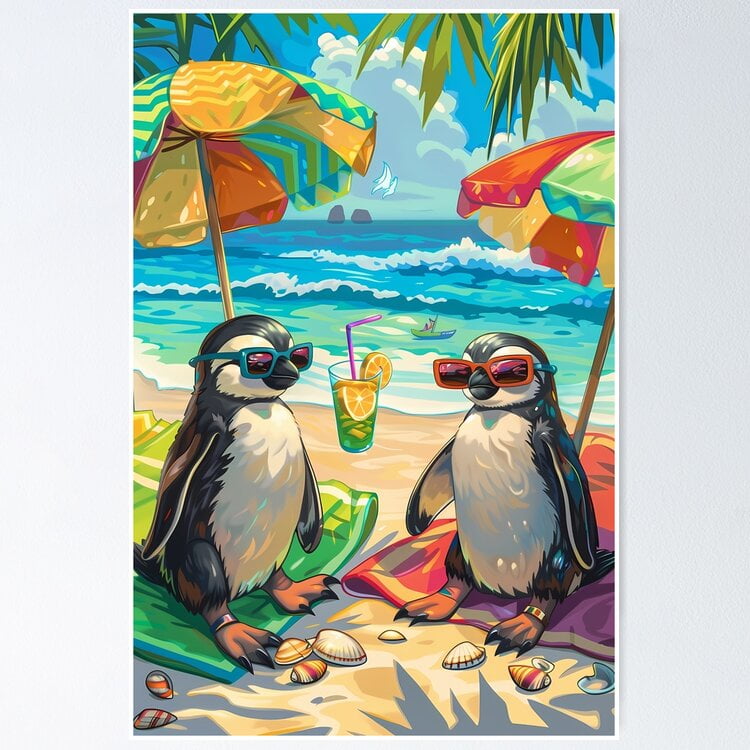 Adorable penguins at the beach Poster - KIRA.293, UNFRAMED-8x12 ...