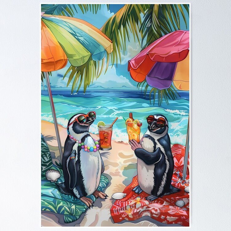 Adorable penguins at the beach Poster - KIRA.294, UNFRAMED-24x36 ...