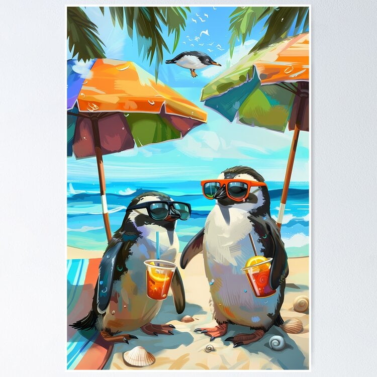Adorable penguins at the beach Poster - KIRA.295, UNFRAMED-18x24 ...