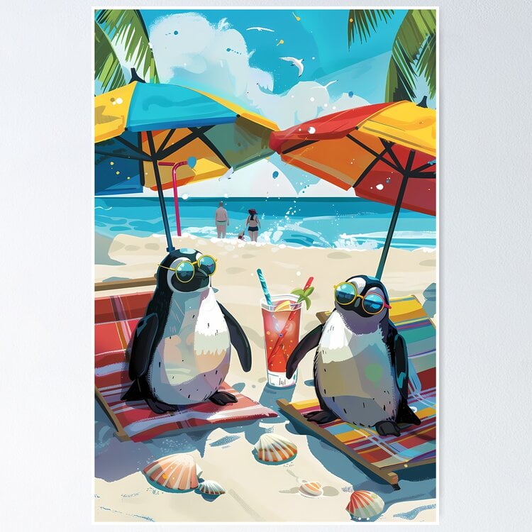 Adorable penguins at the beach Poster - KIRA.296, UNFRAMED-18x24 ...