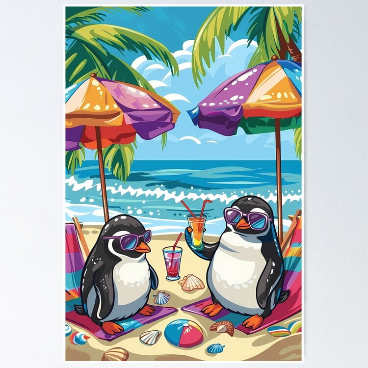 Adorable penguins at the beach Poster - KIRA.299, UNFRAMED-12x18 ...