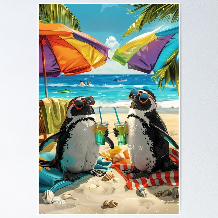 Adorable penguins at the beach Poster - KIRA.300, UNFRAMED-12x18 ...