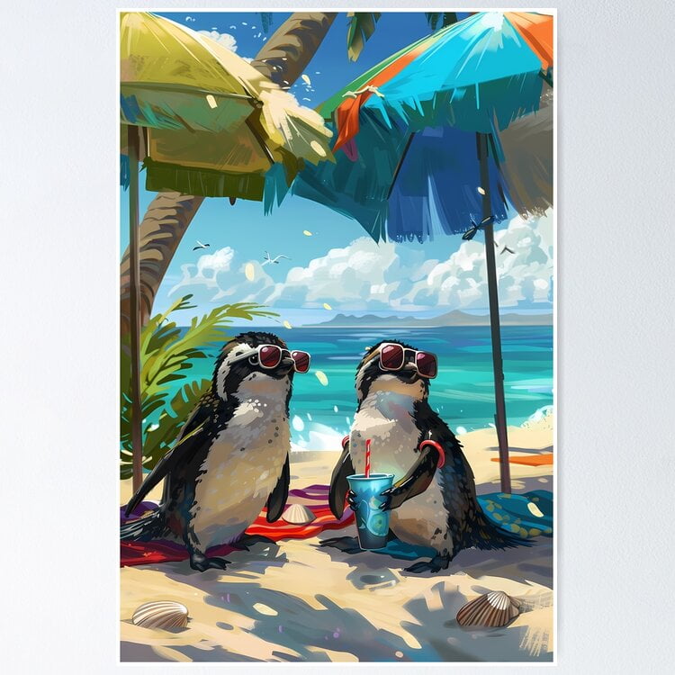 Adorable penguins at the beach Poster - KIRA.301, UNFRAMED-12x18 ...