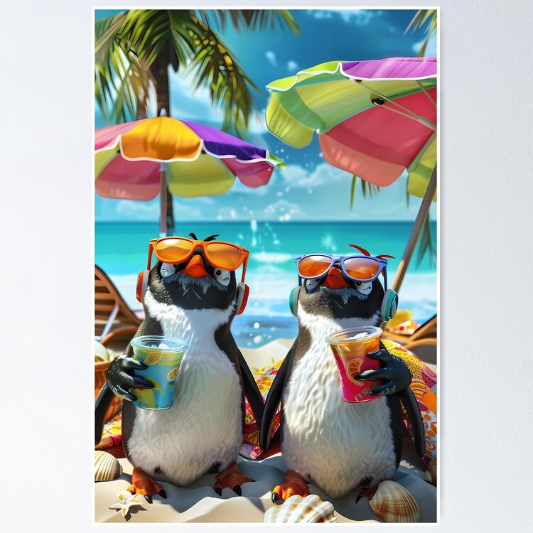 Adorable penguins at the beach Poster - KIRA.302, UNFRAMED-12x18 ...