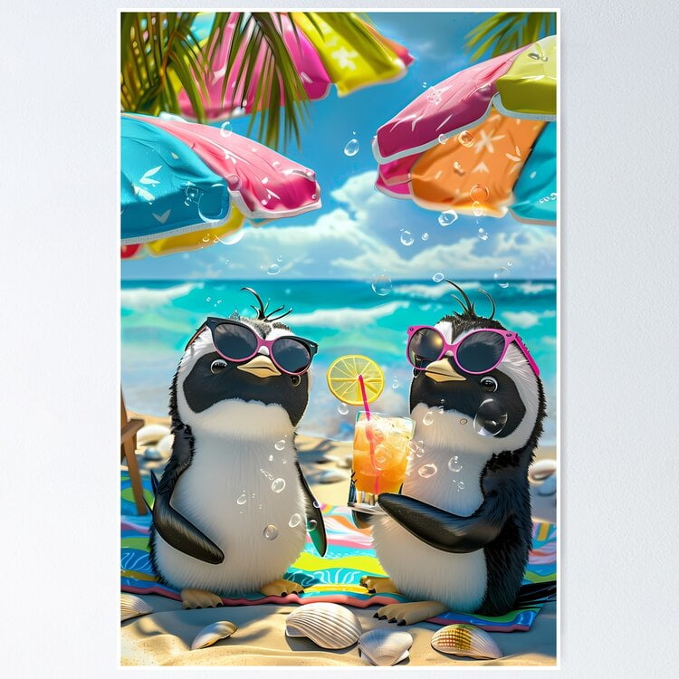 Adorable penguins at the beach Poster - KIRA.303, UNFRAMED-16x24 ...