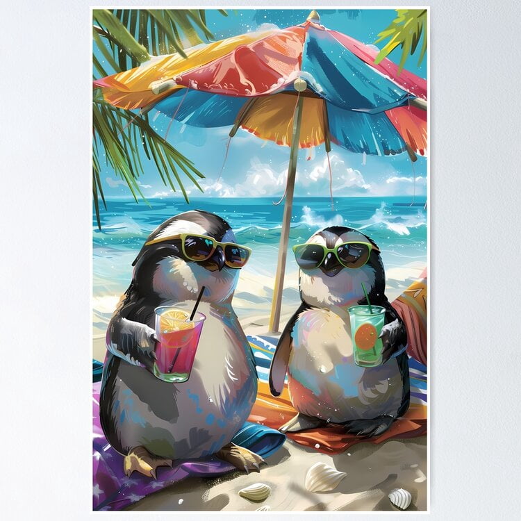 Adorable penguins at the beach Poster - KIRA.305, UNFRAMED-16x24 ...
