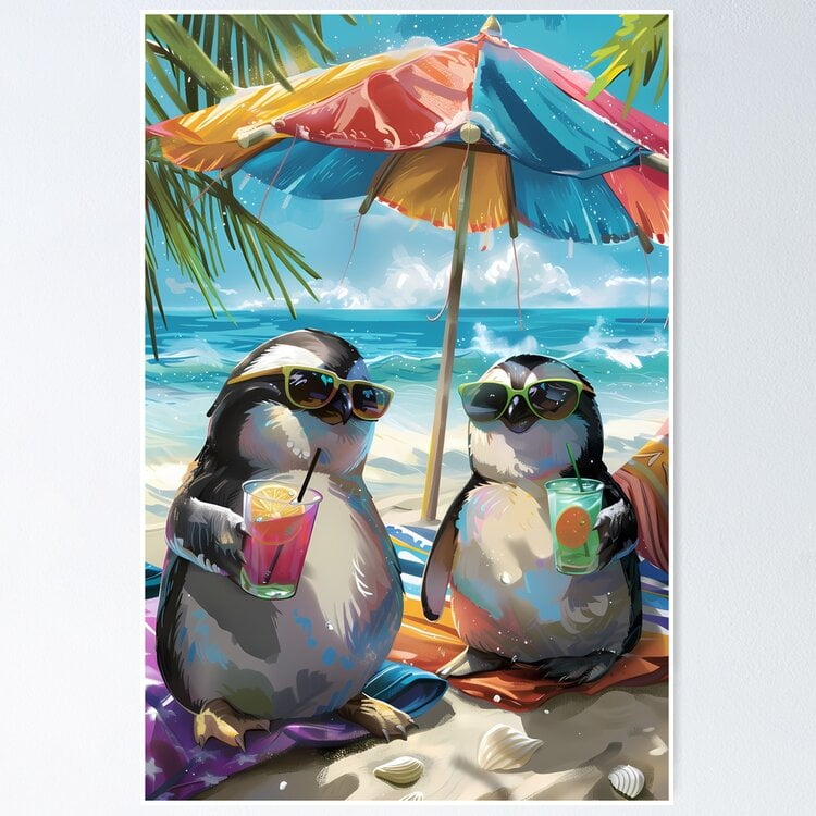 Adorable penguins at the beach Poster - KIRA.305, UNFRAMED-8x12 ...