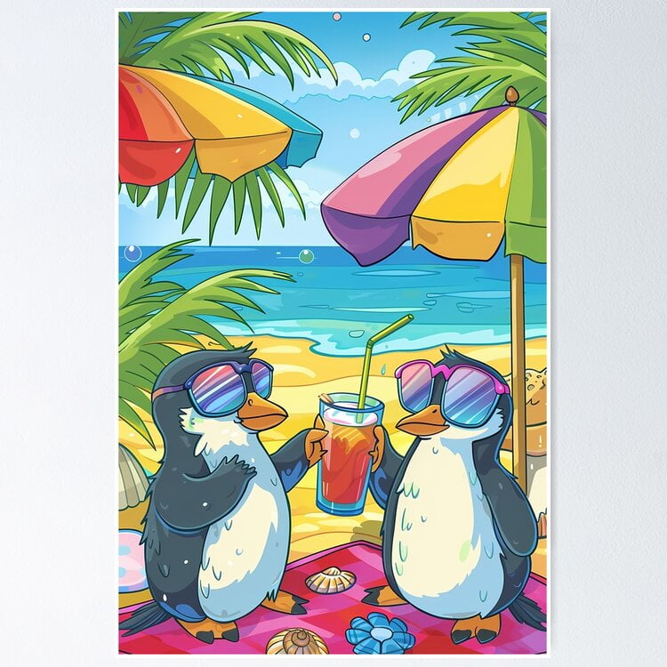Adorable penguins at the beach Poster - KIRA.306, UNFRAMED-16x24 ...