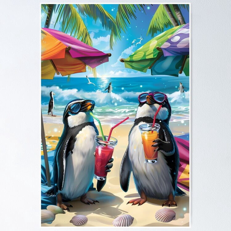 Adorable penguins at the beach Poster - KIRA.307, UNFRAMED-16x24 ...