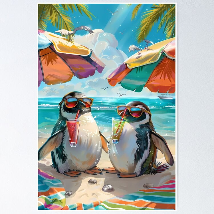 Adorable penguins at the beach Poster - KIRA.310, UNFRAMED-8x12 ...