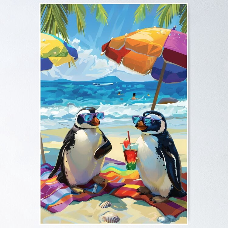 Adorable penguins at the beach Poster - KIRA.311, UNFRAMED-8x12 ...