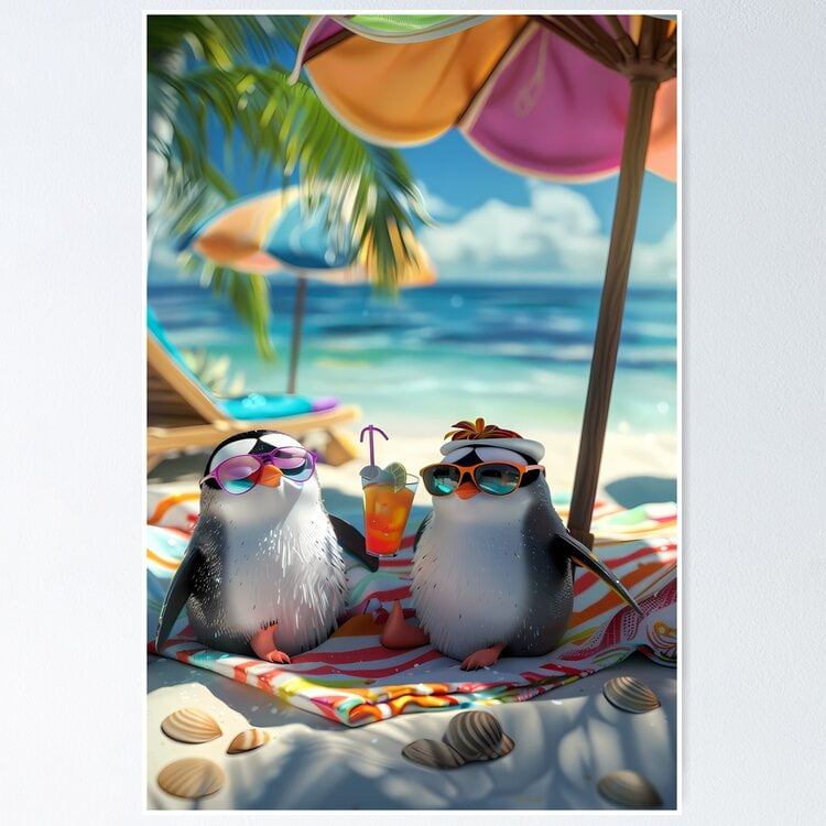 Adorable penguins at the beach Poster - KIRA.313, UNFRAMED-12x18 ...