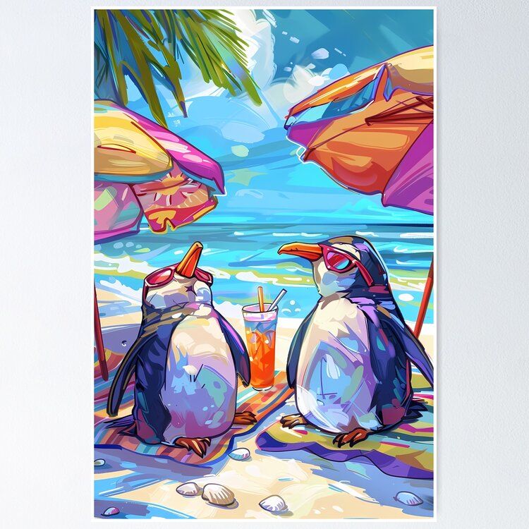 Adorable penguins at the beach Poster - KIRA.315, UNFRAMED-24x36 ...