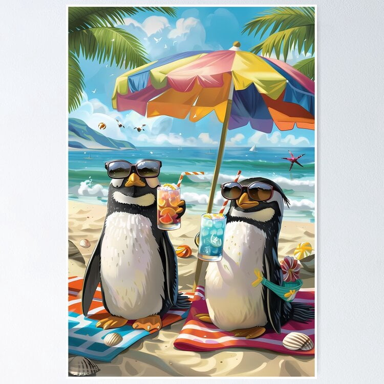 Adorable penguins at the beach Poster - KIRA.316, UNFRAMED-24x36 ...
