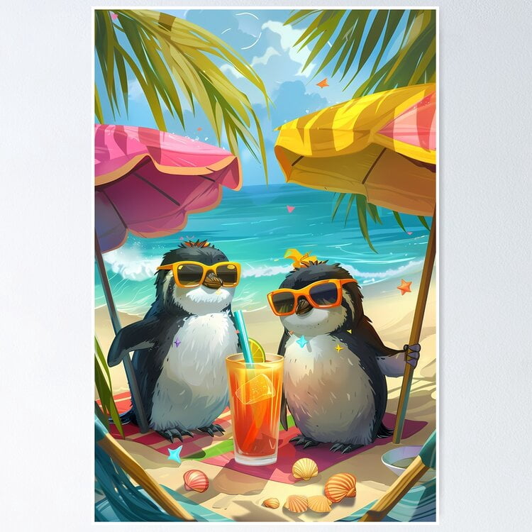 Adorable penguins at the beach Poster - KIRA.317, UNFRAMED-18x24 ...