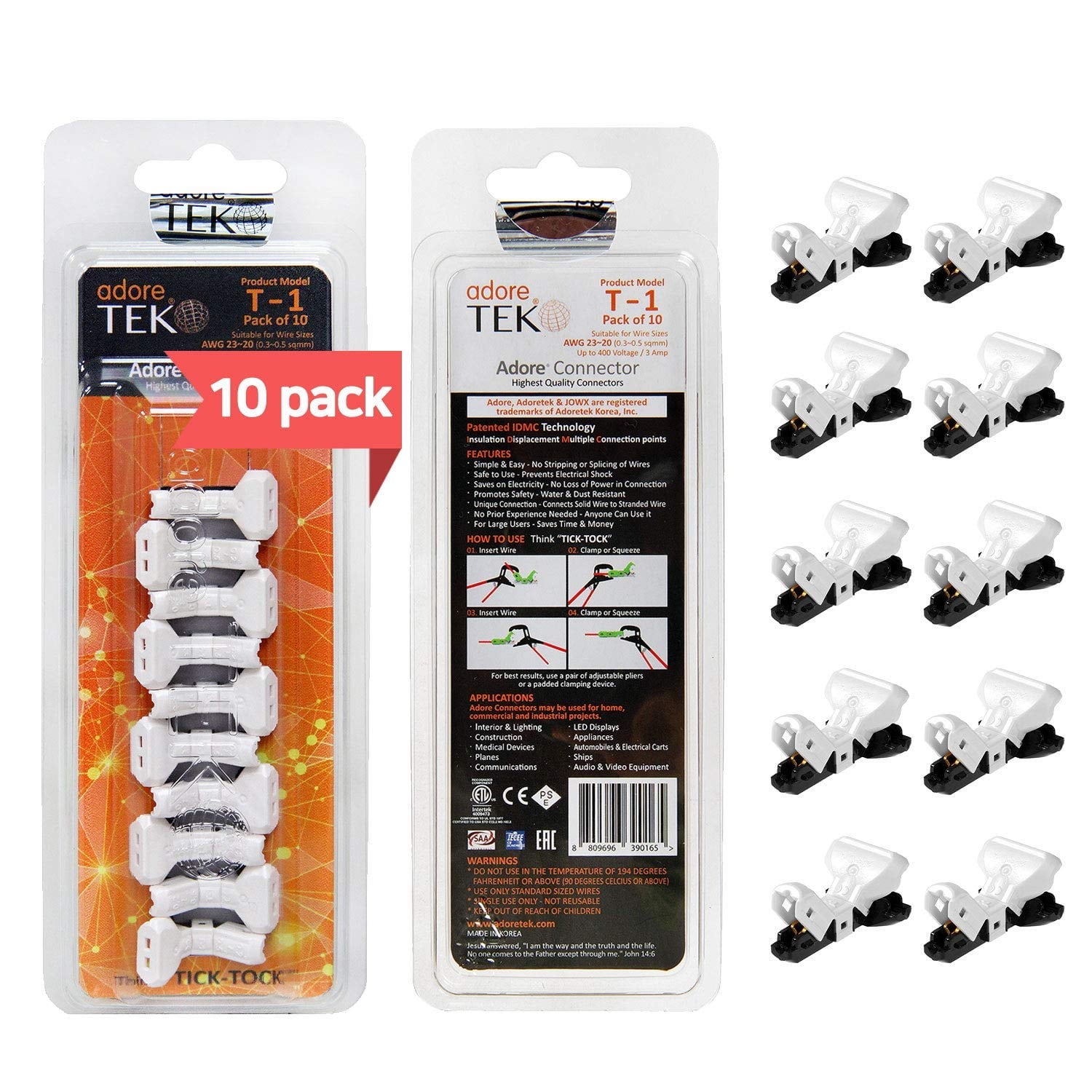Adoretek T-Type Wire Connector [T-1] NO Need to Peel NO-Splice NO-Tape ...