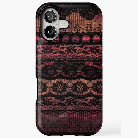 Adorned Red Taffeta Black Lace Design Case for iPhone 17 to 11 Pro Max ...