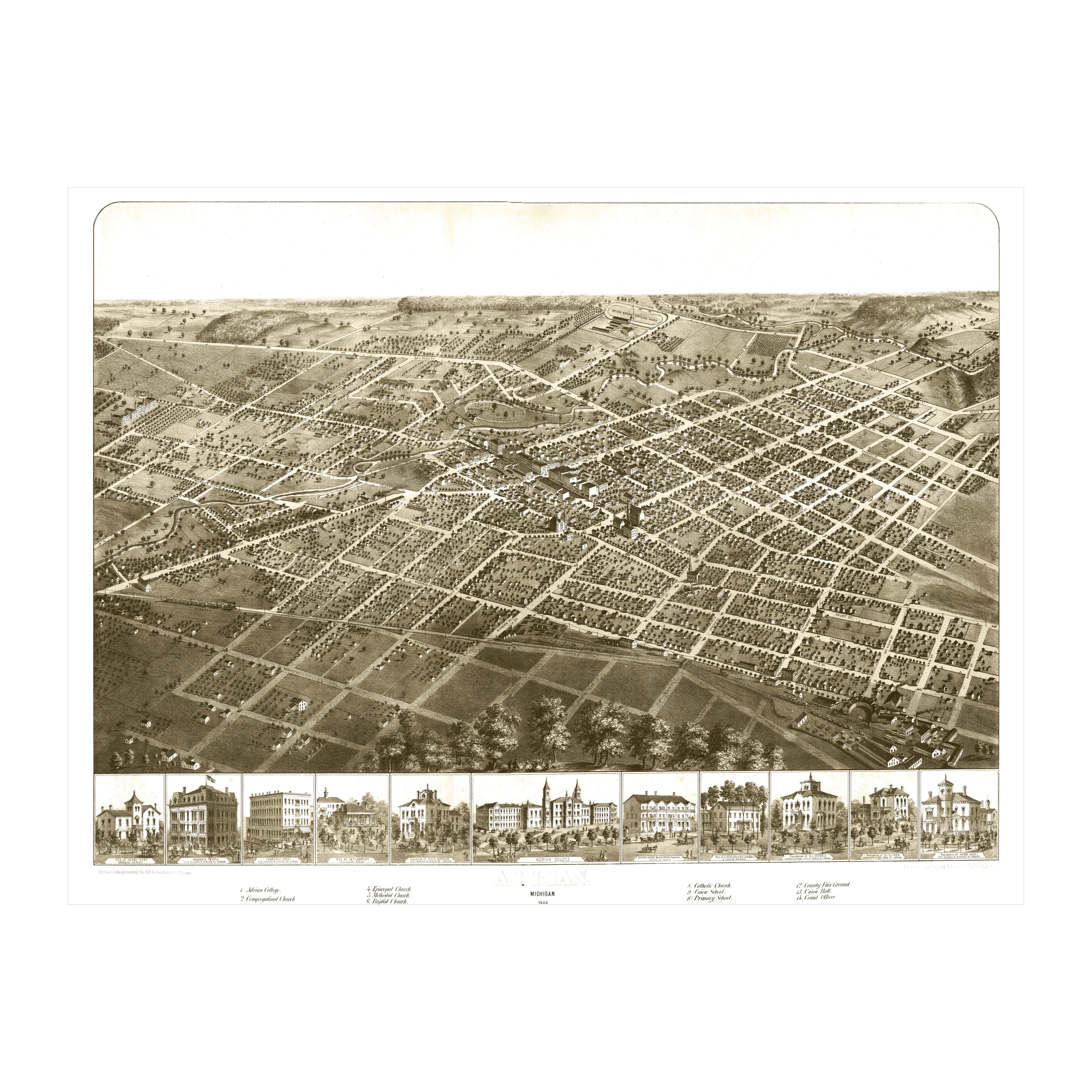 Adrian Art, 1866 Vintage Map of Adrian Michigan, MI History Wall Decor ...