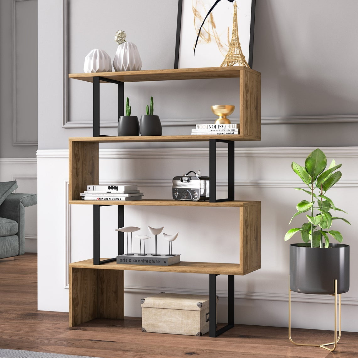 Adriana Industrial Style 49" Tall Modern Metal Wood Bookcase, 4 Shelf ...