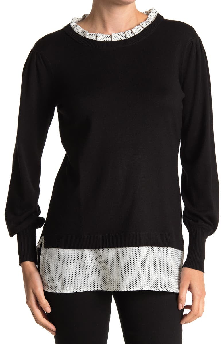 Adrianna Papell BLACK/IVORY MINI DOT Women's Twofer Ruffle Neck Sweater ...