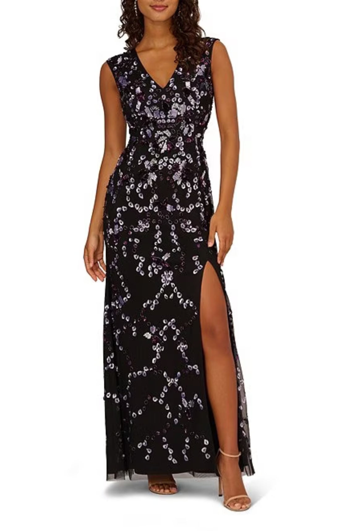 Adrianna Papell Beaded V Neck Cap Sleeve Front Slit Gown - Walmart.com
