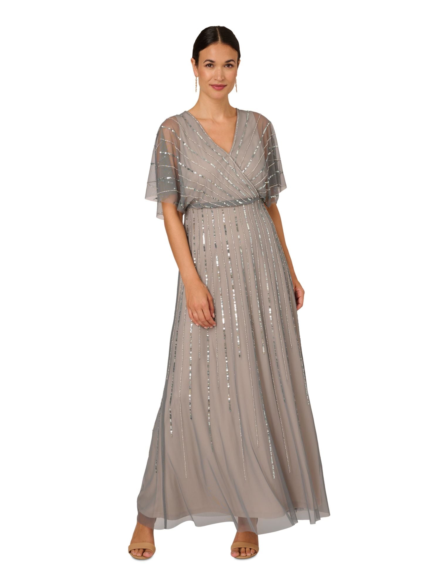 ADRIANNA PAPELL Womens Gray Zippered Lined Blouson Bodice Flutter ...