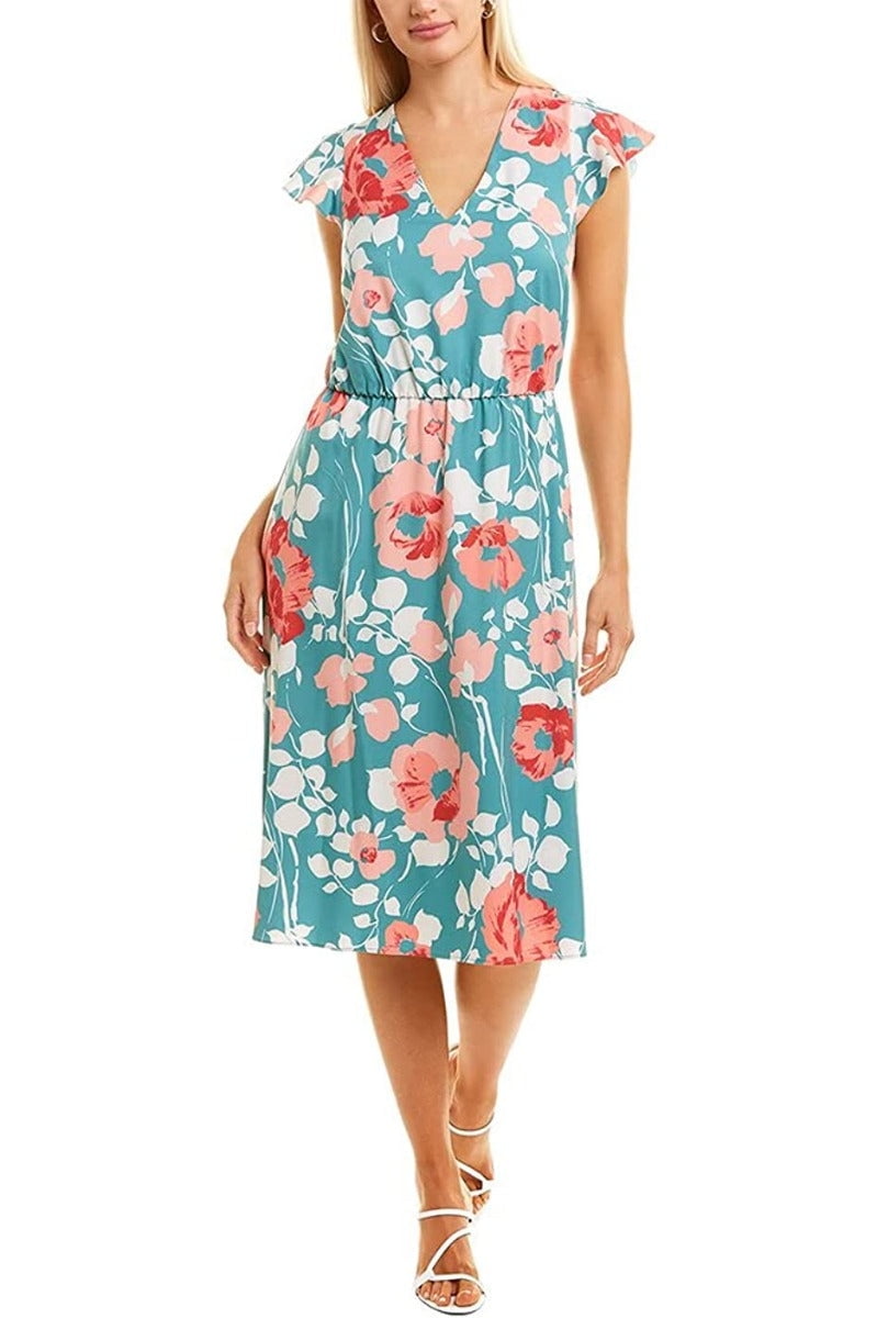 Adrianna Papell V-Neck Short Sleeve Tie Back Floral Print Jersey Dress-GREEN MULTI / 4 - Walmart.com