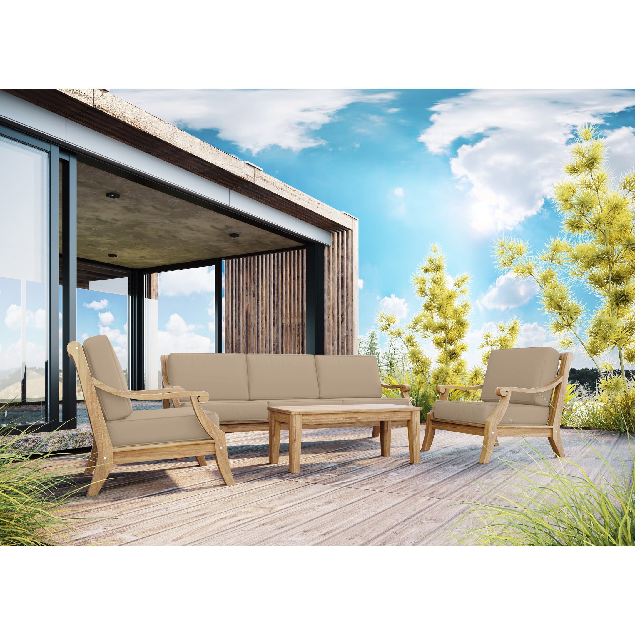 Adrien 4-Piece Teak Outdoor Patio Deep Seating Set with Fawn Cushions ...