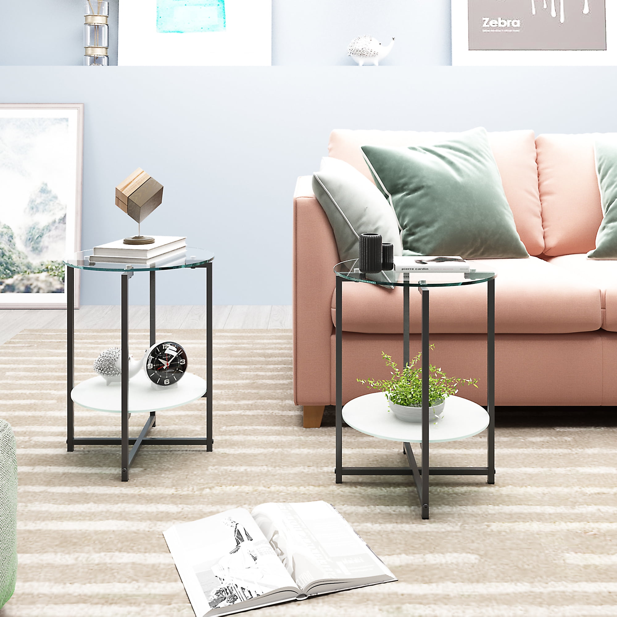 Adrinfly 2-piece set (Clear) Tempered Glass End Table, Round Coffee ...
