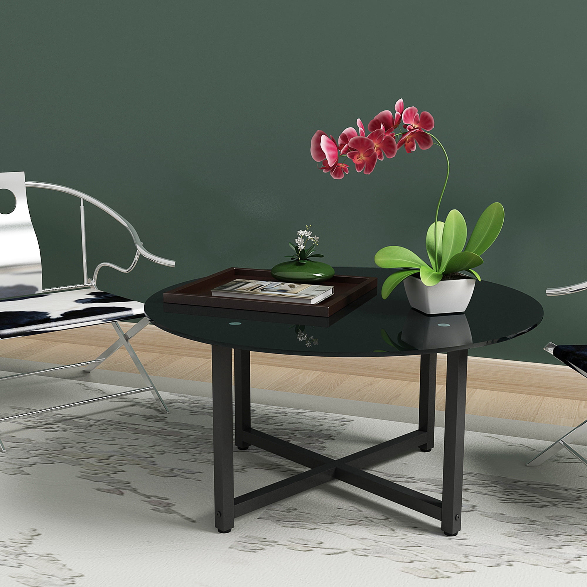 Adrinfly 35.5'' Round Whole Black Coffee Table, Clear Coffee Table ...