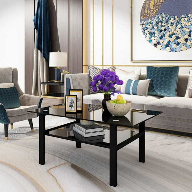 Adrinfly Black Glass Coffee Table Modern And Simple Black Living Room