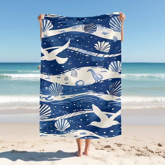 Adult Beach Towel, Modern Simple Beach Towel, Sea Wave Seagull Shell ...